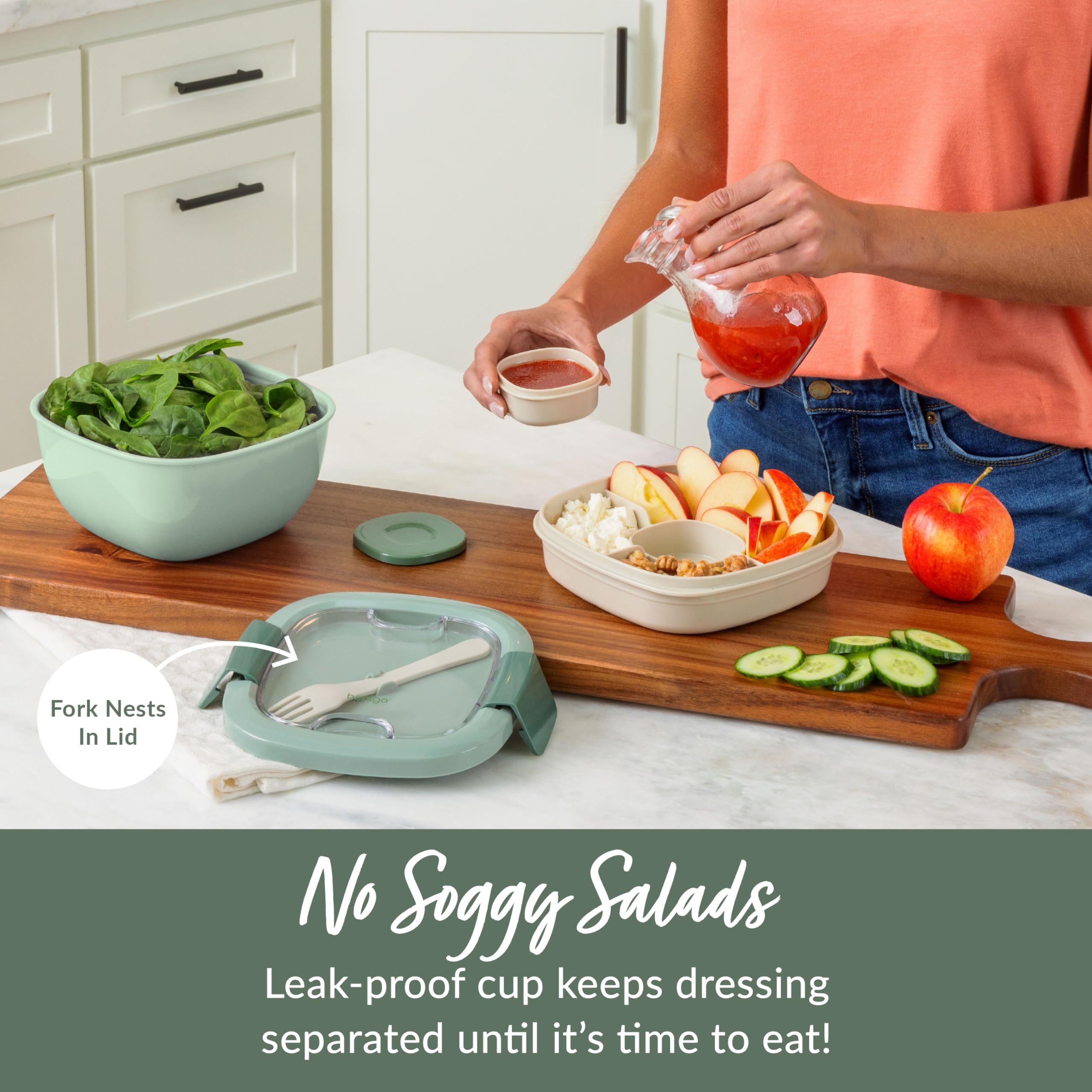 Bentgo® All-in-One Salad Container - Large Salad Bowl, Bento Box Tray, Leak-Proof Sauce Container, Airtight Lid, & Fork for Healthy Adult Lunches; BPA-Free & Dishwasher/Microwave Safe (Khaki Green)