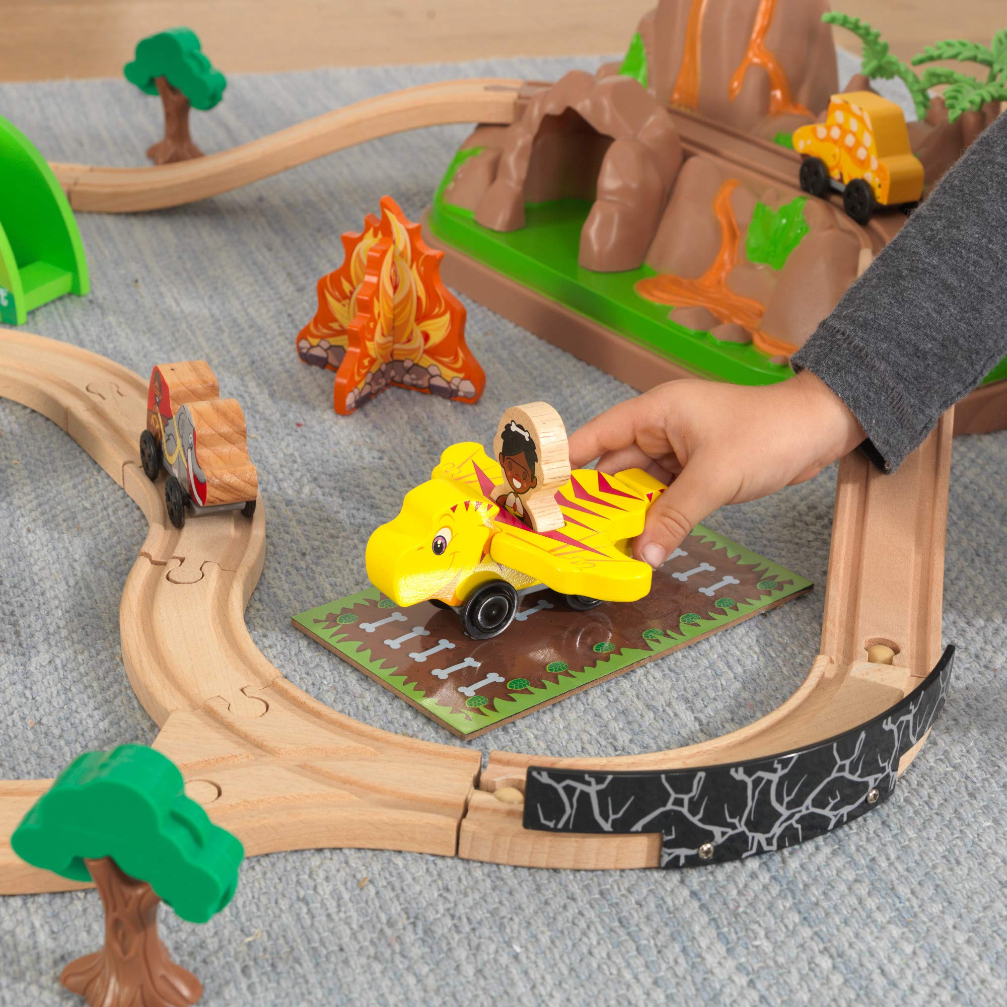 KidKraft Dinosaur Bucket Top Portable Wooden Train Set with 56 Pieces and 9 Feet of Track, Gift for Ages 3+