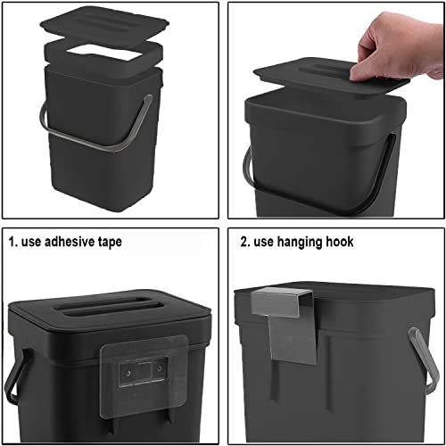 LALASTAR Compost Bin with Lid, Hanging Small Trash Can with Lid Under Sink for Kitchen, Food Waste Bin for Countertop, Mountable Garbage Can for Bathroom, RV, 5L/1.3 Gal, Black