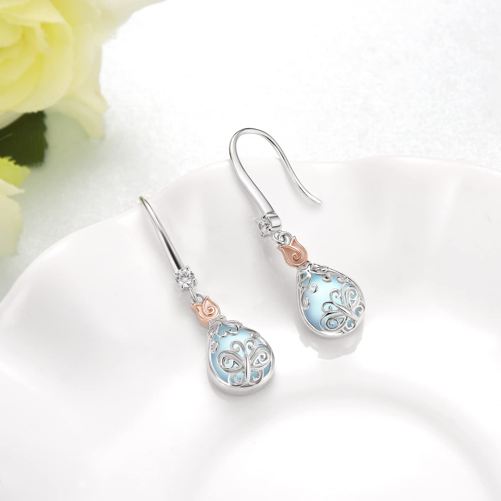 Butterfly Moonstone Earrings Leverback 925 Sterling Silver Teardrop Drop Dangle Earrings Gift For Women