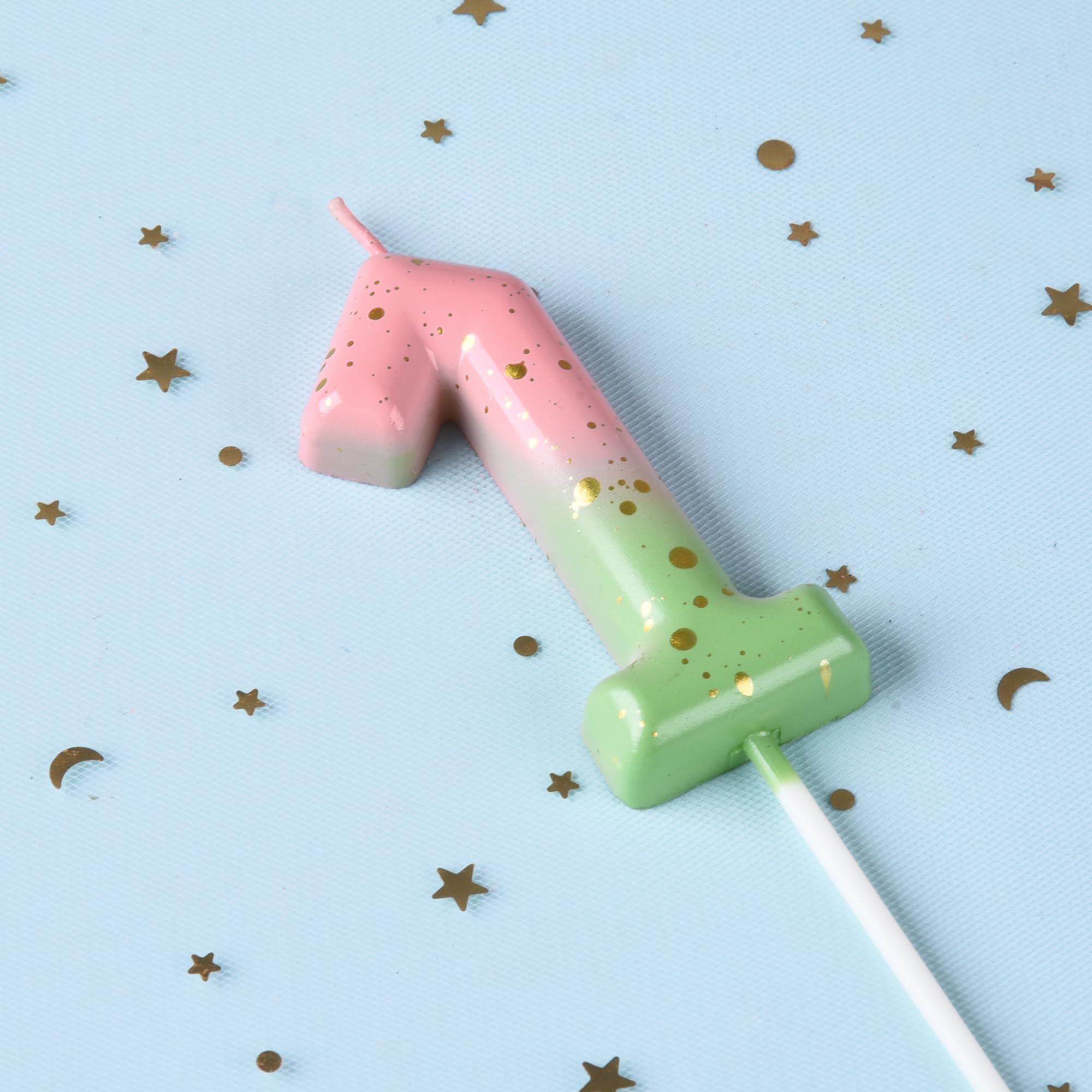 PHD CAKE 2.76 Inch Classical Pink Green Gold 1 Number Birthday Candles, Gold Number Candles, Cake Number Candles, Party Celebration