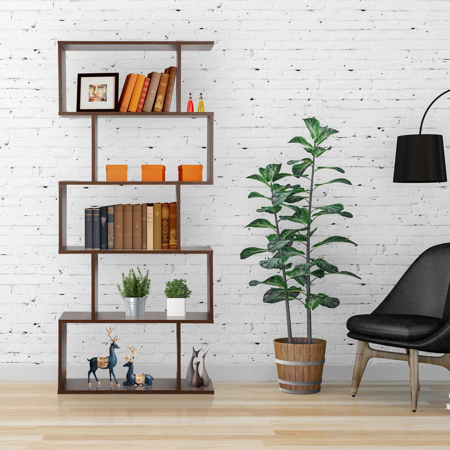 Epetlover 5 Tier Bookshelf S-Shaped Geometric Bookcase Wooden Floor Standing Open Shelf Bookshelves Display Storage Shelf & DVD Shelves for Living Room Bedroom Office, Rustic Brown