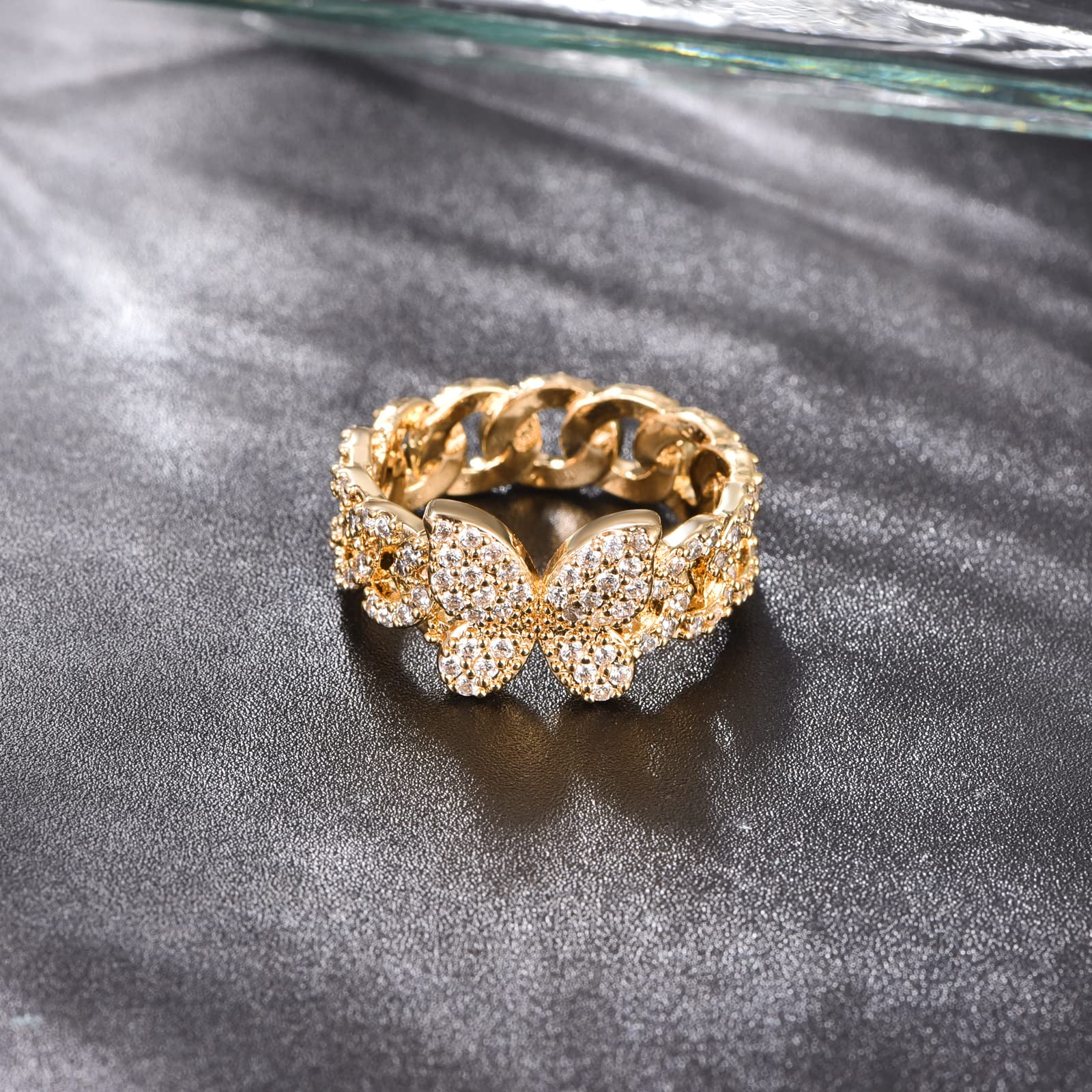 Butterfly Rings for Women 18K Gold Plated Cubic Zirconia Fashion Ring Gold Statement Chain Rings