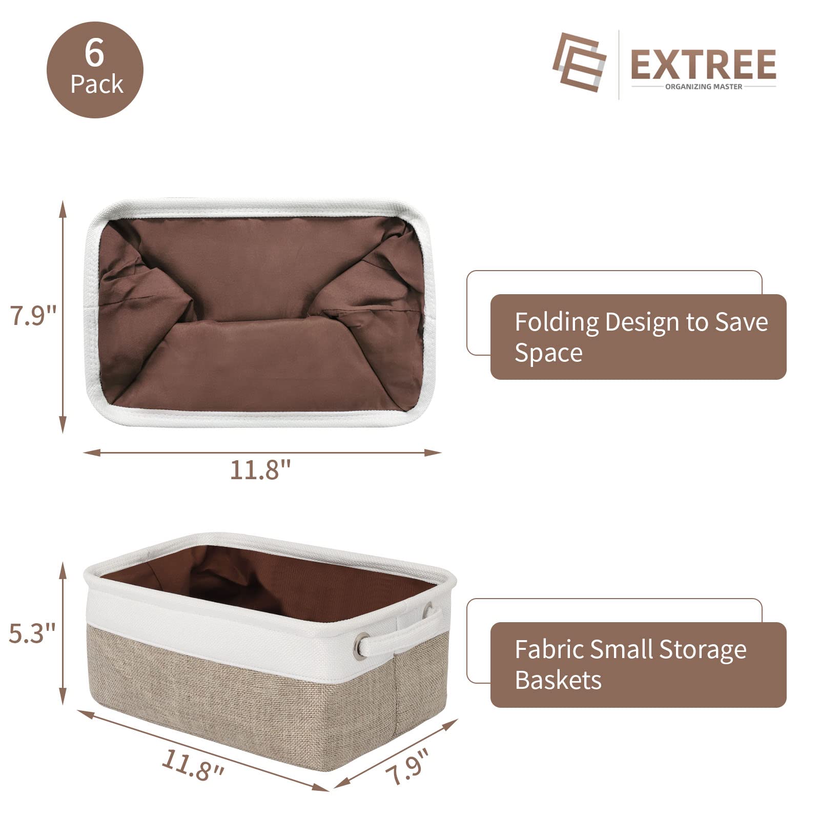 EXTREE Fabric Small Storage Baskets - 6 Pack Nursery Decorative Storage Bins Linen Empty Gift Basket with Handles for Organizing Shelves Bathroom(Gray,11.8L x 7.9W x 5.3H inches)
