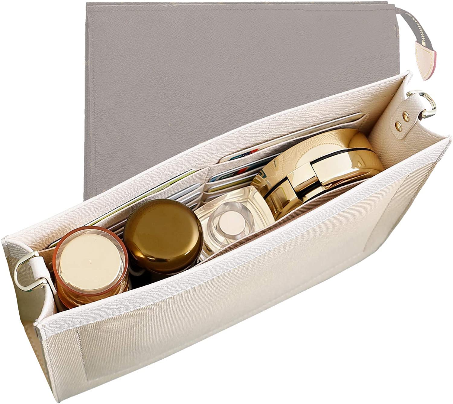 OAikor Upgraded Purse Insert Organizer Bag Fit Toiletry Pouch 26 Premium Microfiber Leather with D Rings, Waterproof Bag Insert for lv Pouch 26 Khaki (Large-26, Beige)