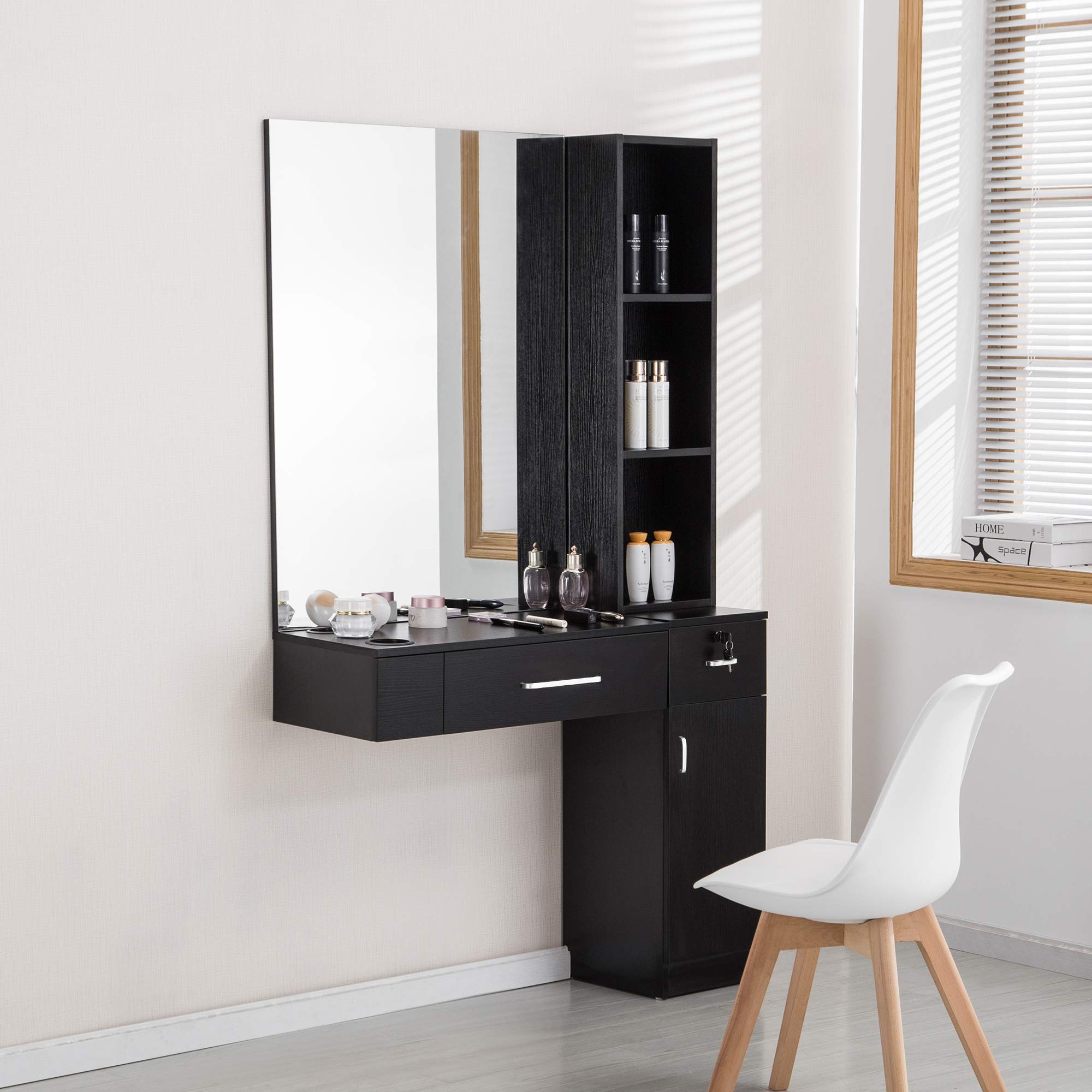 BarberPub Wall Mount Salon Station Hair Styling with Mirror Beauty Salon Spa Equipment Set 3026 (Right Shelf)…