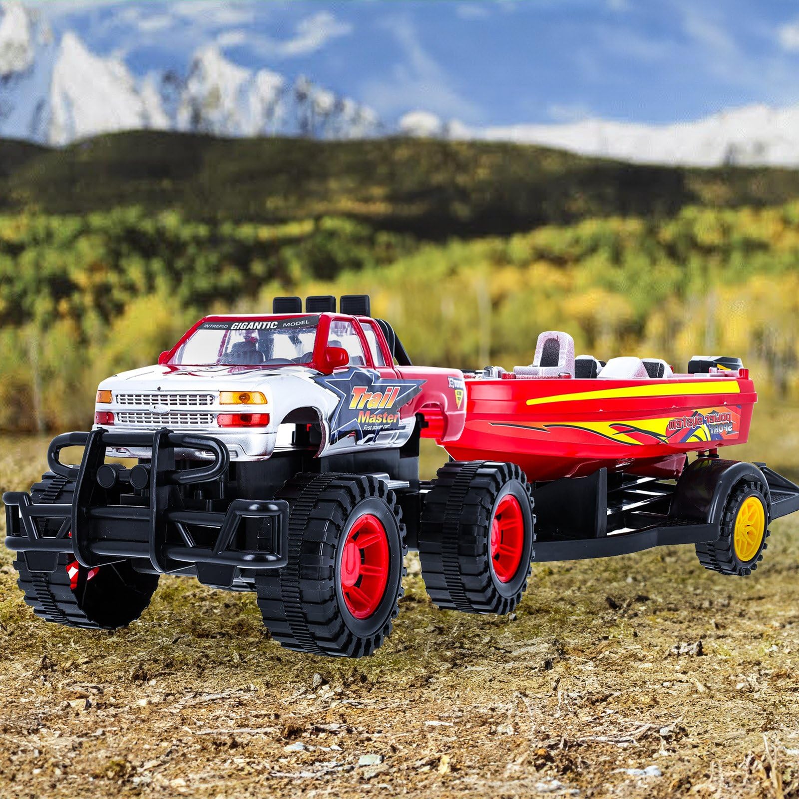 KidPlay Products Path Blazer Friction Power Monster Truck Speed Boat Hauler with Trailer