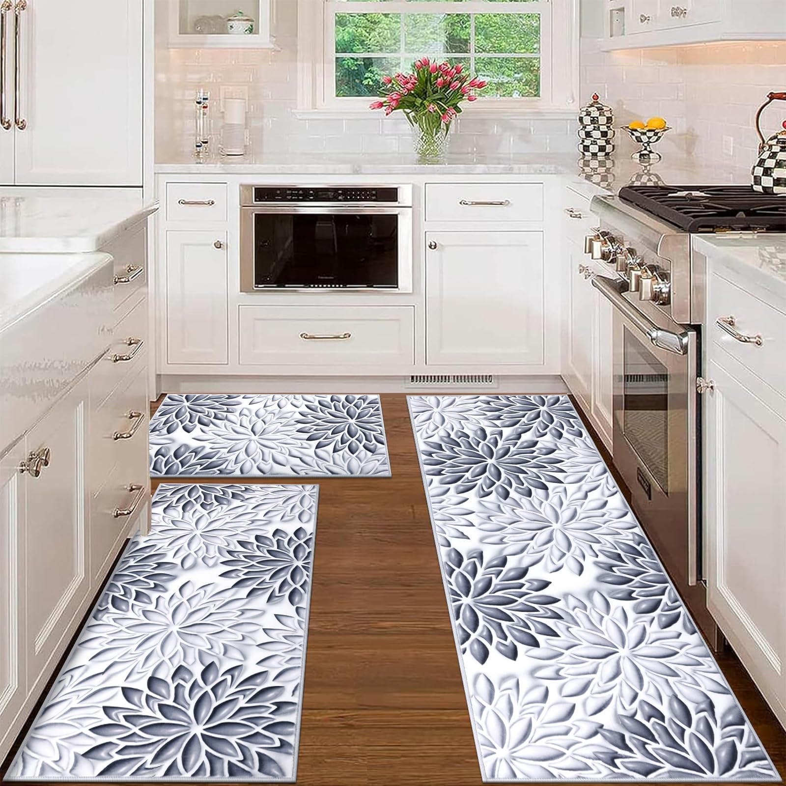Vaukki Floral Kitchen Rug Sets 3 Pieces, Washable Kitchen Mats for Floor, Non Slip Soft Kitchen Area Rug Floor Mat for Kitchen, Laundry Room and Hallway (Grey, 20''x32''+20''x47''+20''x59'')