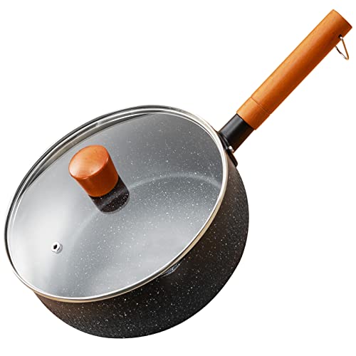 FNT Frying Pans Nonstick with Lid, 9in Non stick Frying Pans, Deep Frying Pan with Stainless Steel Base for Stovetop, Frying Pans Nonstick with Heat Resistant Handle, Skillets Nonstick with Lids Black