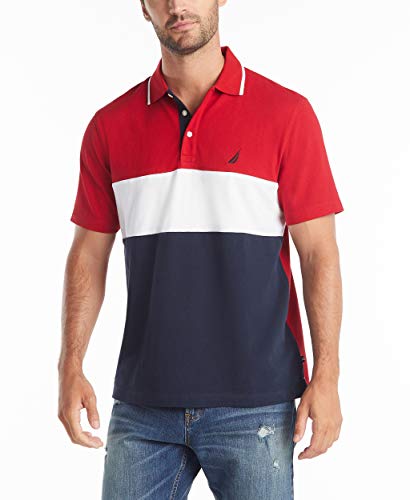 Nautica Men's Short Sleeve 100% Cotton Pique Color Block Polo Shirt, Red, Large