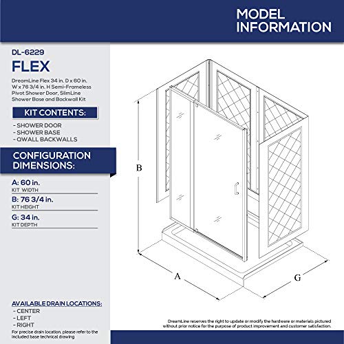 DreamLine Flex 34 in. D x 60 in. W x 76 3/4 in. H Semi-Frameless Shower Door in Brushed Nickel with Right Drain Base and Backwalls, DL-6229R-04