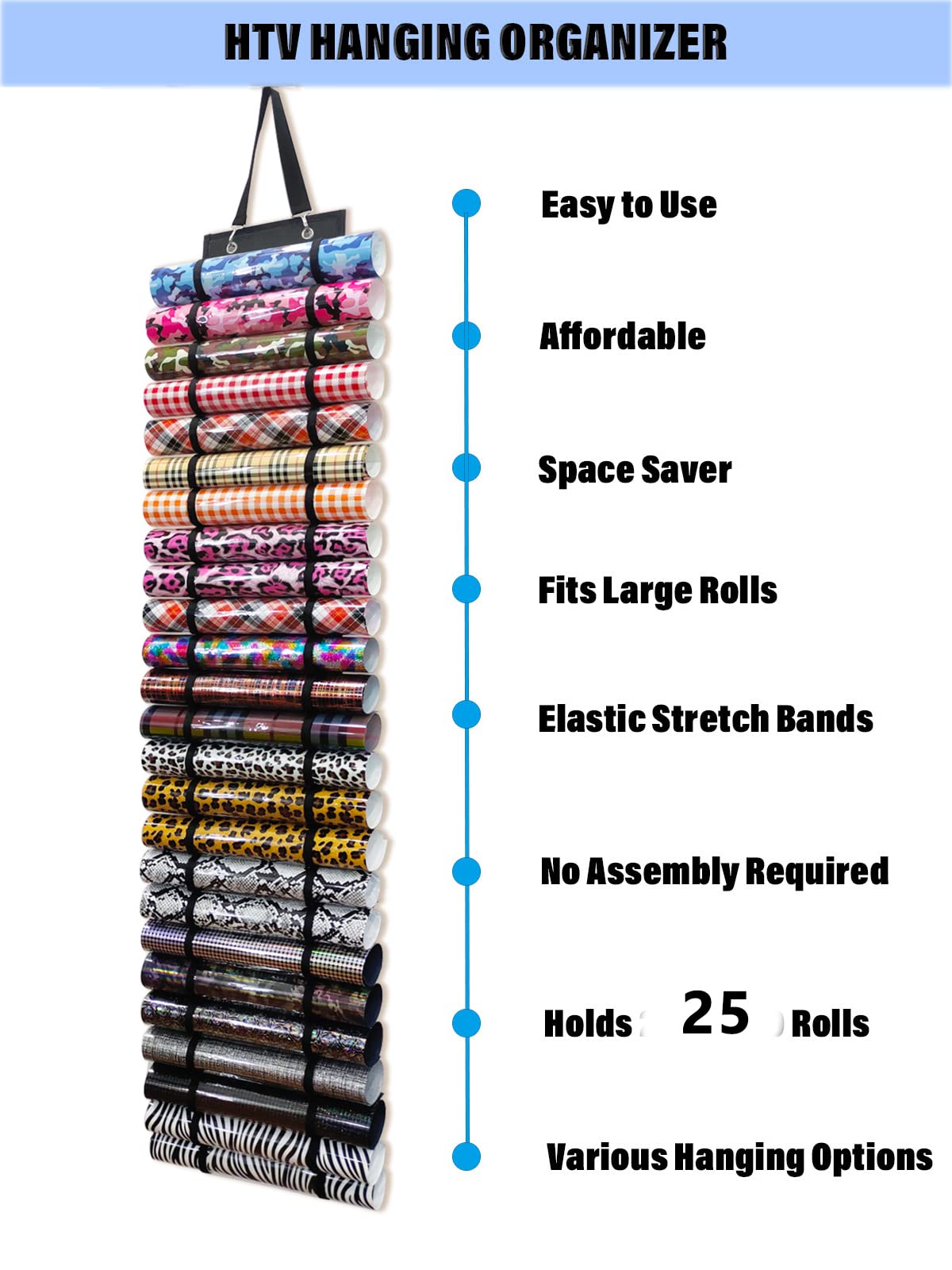 Vinyl Roll Holder with 25 Roll Compartments, Vinyl Roll Storage Rack Wall Mount,Over The Door, Craft Vinyl Storage Organizer Idea, Hanging Organizer Storage(Black, 25)