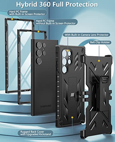 FNTCASE for Samsung Galaxy S22 Ultra Case: Built-in Screen Protector & Kickstand & Belt-Clip Holster, Extra Front Frame Full-Body Dual Layer Rugged Heavy Duty Shockproof Protective Phone Cover-Black