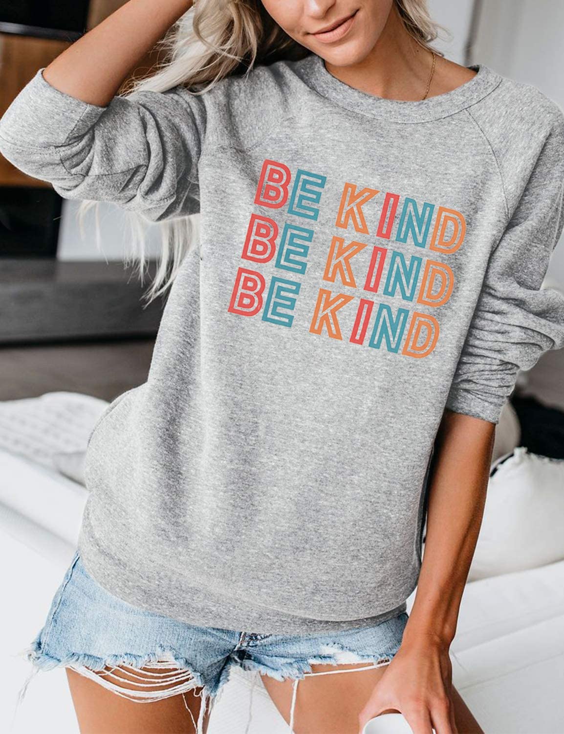 Blooming Jelly Womens Be Kind Sweatshirt Crewneck Loose Fit Cute Long Sleeve Tops Ladies Fall Clothes Winter Teacher Outfits (Medium, Grey)