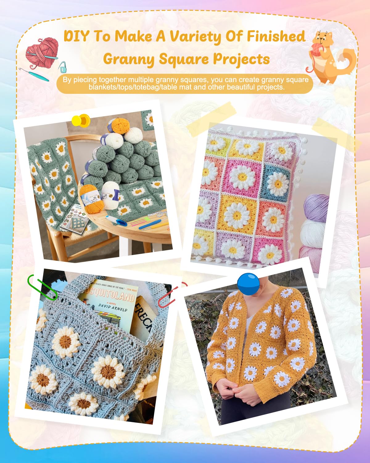 Coopay Crochet Kit Beginners for Blanket, Granny Squares Crochet Blanket Kit with Instructions & Enough Yarn, Complete Crochet Starter Kit Easy Learn to Crochet Blanket Kit for Beginners Adults