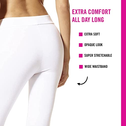 HUE Women's Wide Waistband Blackout Cotton Capri Leggings, Assorted, White, L