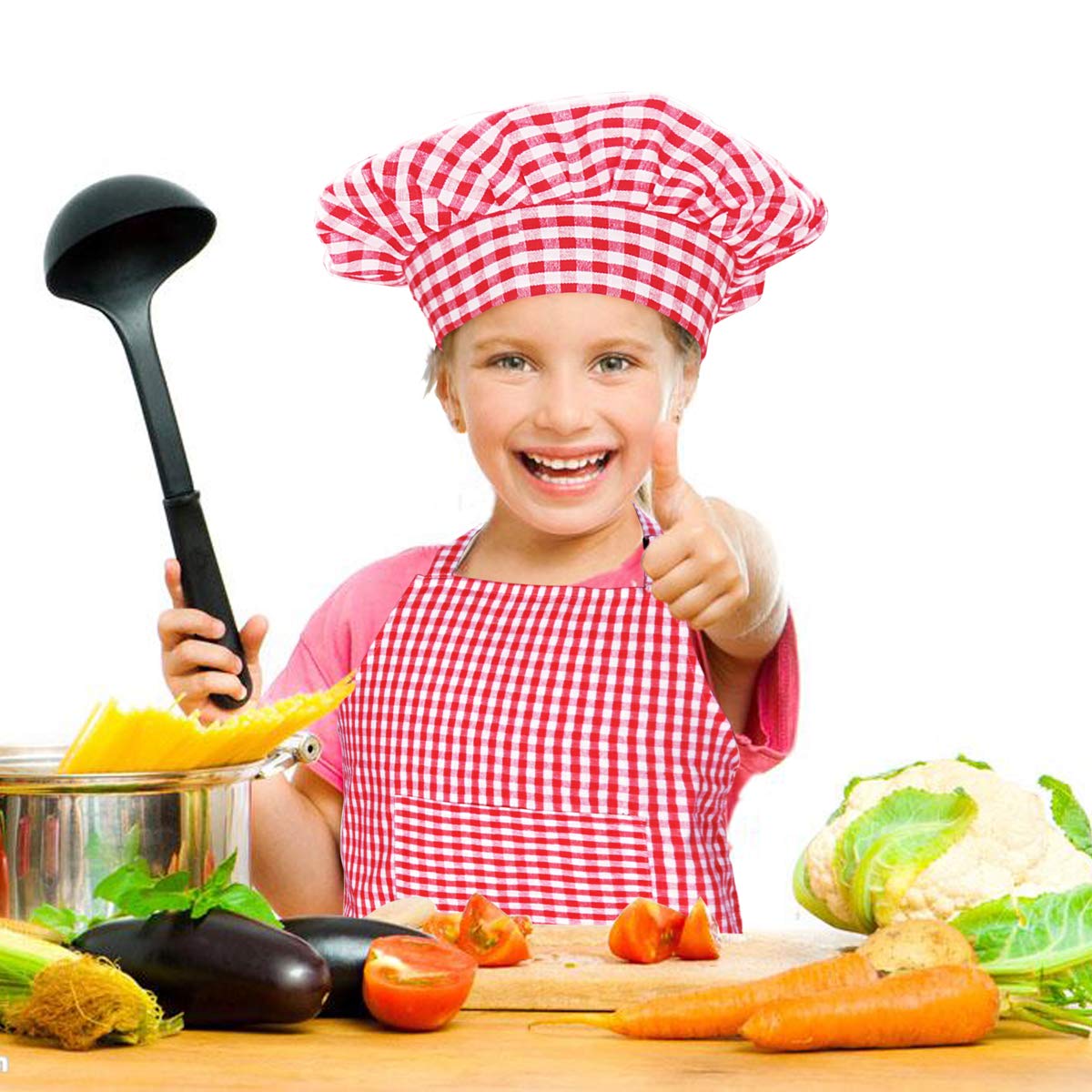 Kids Chef Hat Apron Set, Cute Children Baby Baking Gingham Aprons with Adjustable Neck Strap and Pockets for Boys and girls Cooking Baking Painting Gardening Aprons in 2 Sizes (Red Gingham, Small)