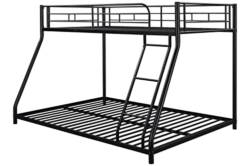 Majnesvon Metal Floor Bunk Bed, Twin Over Full Low Bunk Bed, Heavy Duty Frame with Sloping Ladder and Safety Guardrails for Teens Adults, No Box Spring Needed,Easy Assembly (Black)