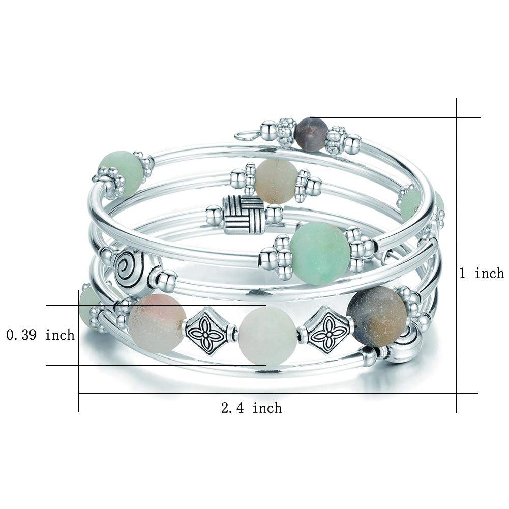 Beaded Pearl Bangle Wrap Bracelet - Fashion Bohemian Jewelry Multilayer Charm Bracelet with Thick Silver Metal Beads, Gift For Women (Green)
