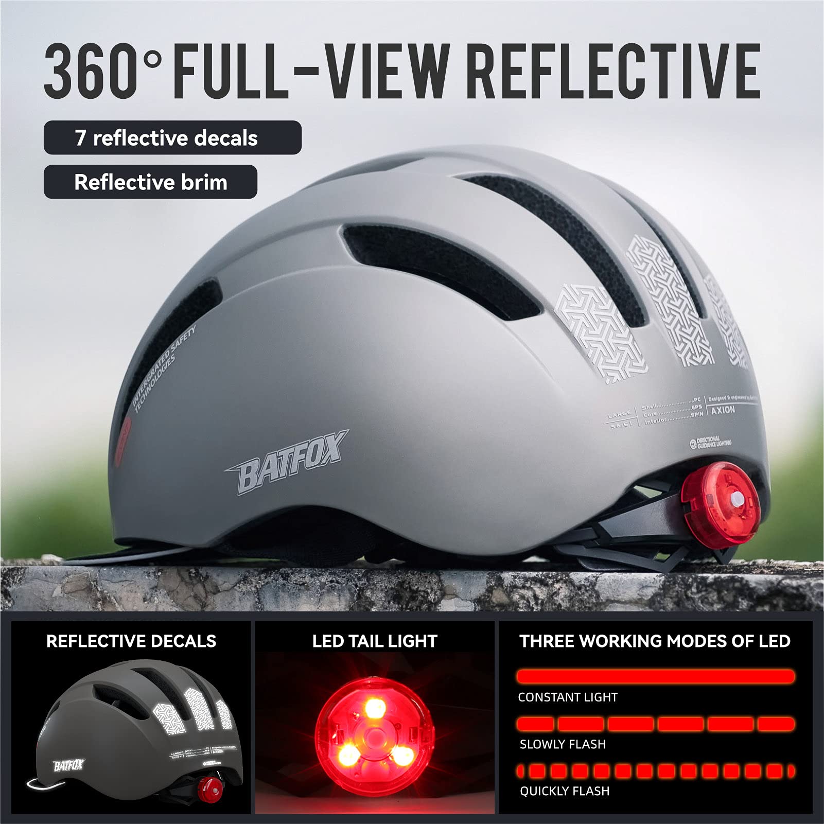 BATFOX Bike Helmet Men Women Street Road Bicycle Helmets Cycling Adults with Rear Light Reflective Coat Sun Visor Anti-Scratch (Grey)