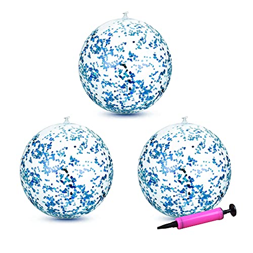 NC Glitter Beach Balls 24 Inch 3 Pack, Inflatable Beach Ball with Confetti Glitters Beach Toys for Kids Adults Airtight Swimming Pool Balls Colorful Summer Party Favors Outdoor Water Games (Blue)