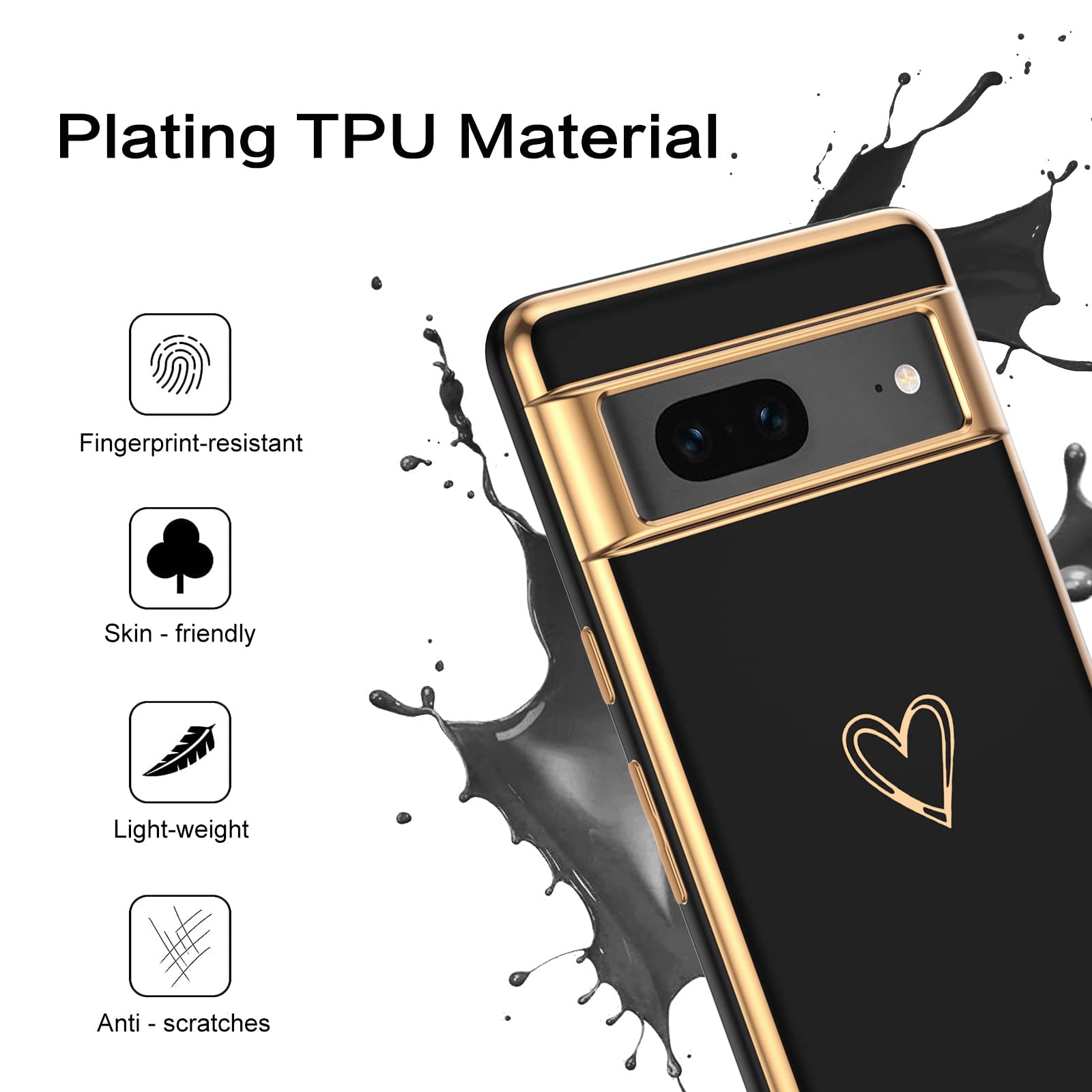 BENTOBEN Google Pixel 7 Protective Case, Heart Plating, TPU, Lightweight, Flexible, Non-Slip, Shockproof, 6.3 Inch, Black