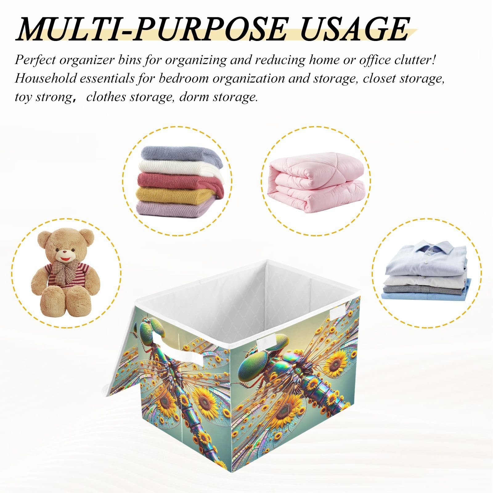 DIGTIA Dragonfly with Sunflower Storage Bins with Lids Spring Summer Foldable Storage Basket with Handles Collapsible Large Fabric Organizer Containers for Clothes Shelves Closet Office Home Bedroom