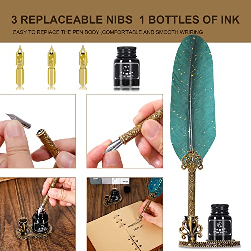 NC Quill Pen Ink Set, Feather Pen Ink Set, Feather Calligraphy Pen Set, Christmas gifts, Valentine’s Day Gift, Birthday Gift, Calligraphy Set Holiday Ideal Gift.(Green)