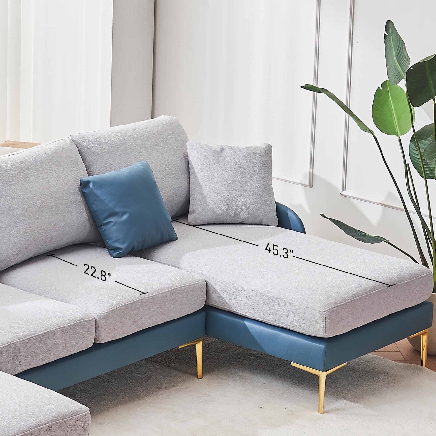 OUYESSIR U Shaped Sectional Sofa Couch, 4 Seat Sofa Set with Double Chaise, 108.5" U-Shaped Modern Fabric Sofa Sleeper with 4 Throw Pillows for Living Room, Blue