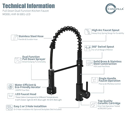 Casavilla Faucet, Black Kitchen Faucet with LED Light, Kitchen Sink Faucets with Pull Down Sprayer, Dual Function Spray Head, Farmhouse Stainless Steel Single Handle Kitchen Faucets