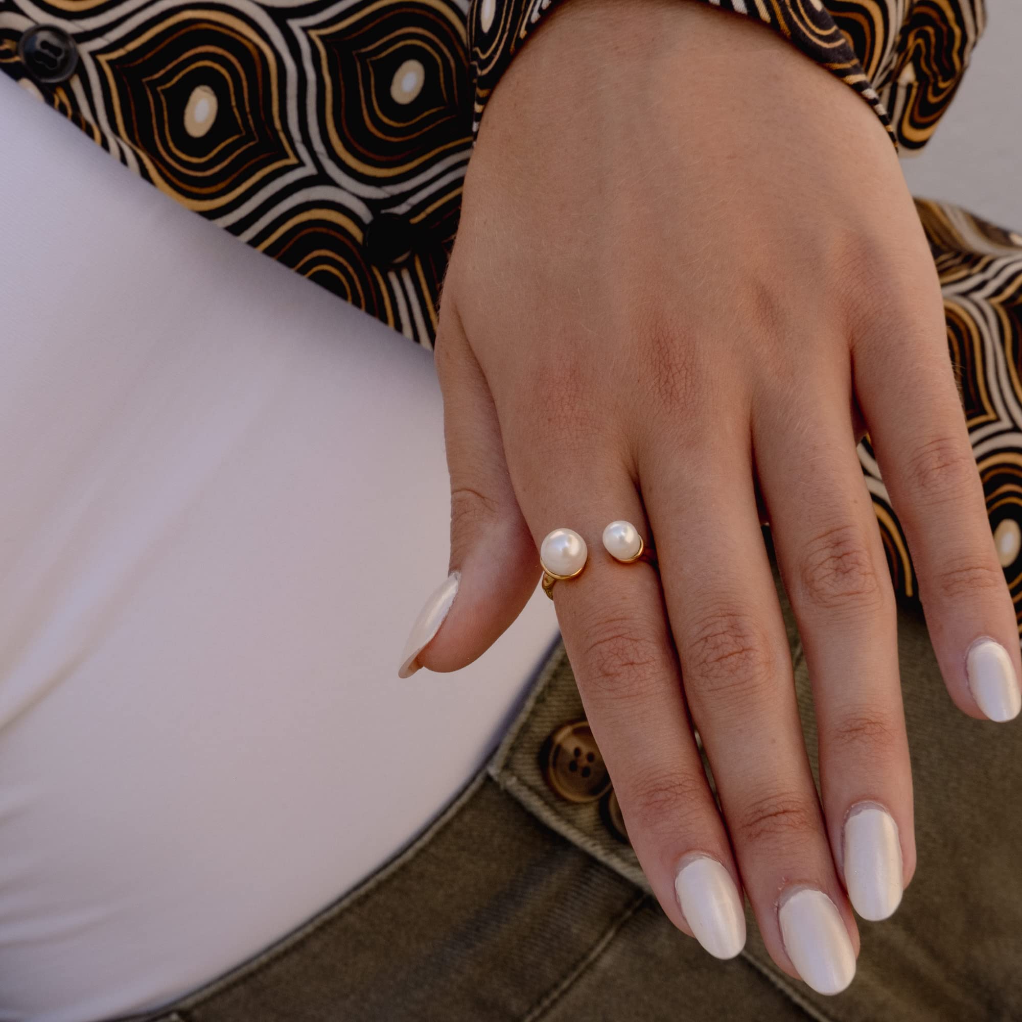 Aurelia Mae 18K Gold Plated Freshwater Cultured Pearl Ring Gold Knuckle Rings Two Pearls Open Midi Ring Open Cuff Wrap Band Size 8