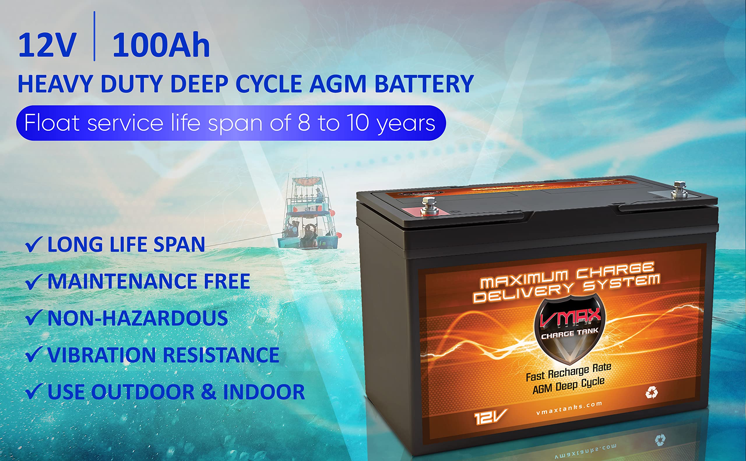 VMAX MR127 12 Volt 100Ah AGM Deep Cycle Maintenance Free Battery compatible with boats and 40-100lb, minnkota, cobra, sevylor and other trolling motor (GROUP 27 Marine Deep Cycle AGM Battery)