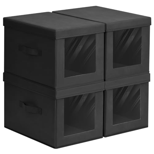 DIMJ Closet Storage Bins With Lids, Fabric Storage Boxes With Lids, Foldable Storage Cubes With Window, Decorative Fabric Storage Bins for Clothes Towel Books,4 Pack Black
