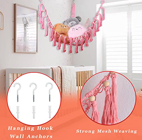Stuffed Animal Hammock,Boho Plush Toy Net Hammock for Stuffed Animals,Toy Corner Hammock Organizer with Tassel Macrame,Display Holder Net,Net for Stuffed Animals for Nursery Playroom-Pink