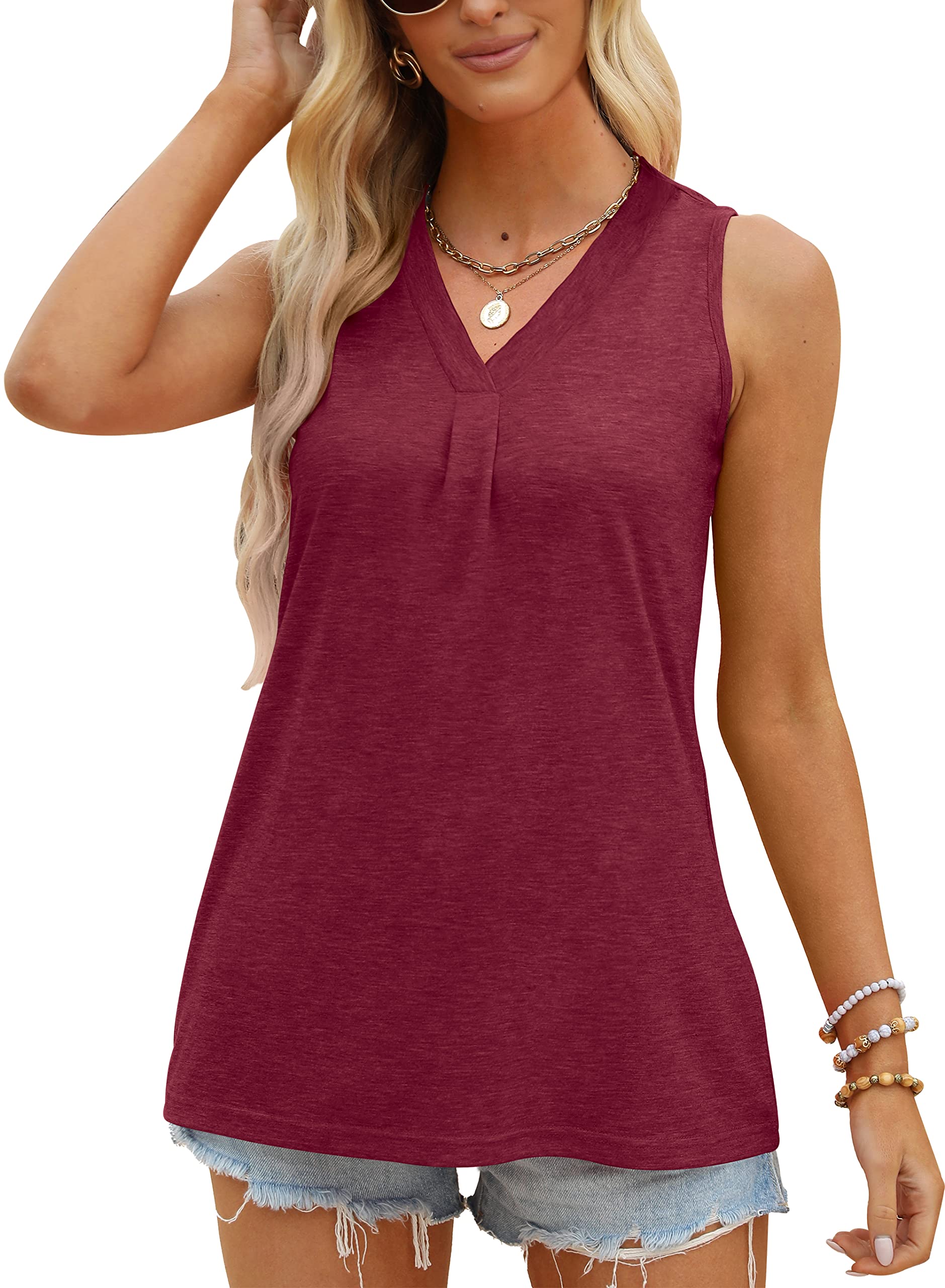 Auremore Workout Tank Tops for Women V Neck Sleeveless Blouses Casual Loose Fitting Tees Red