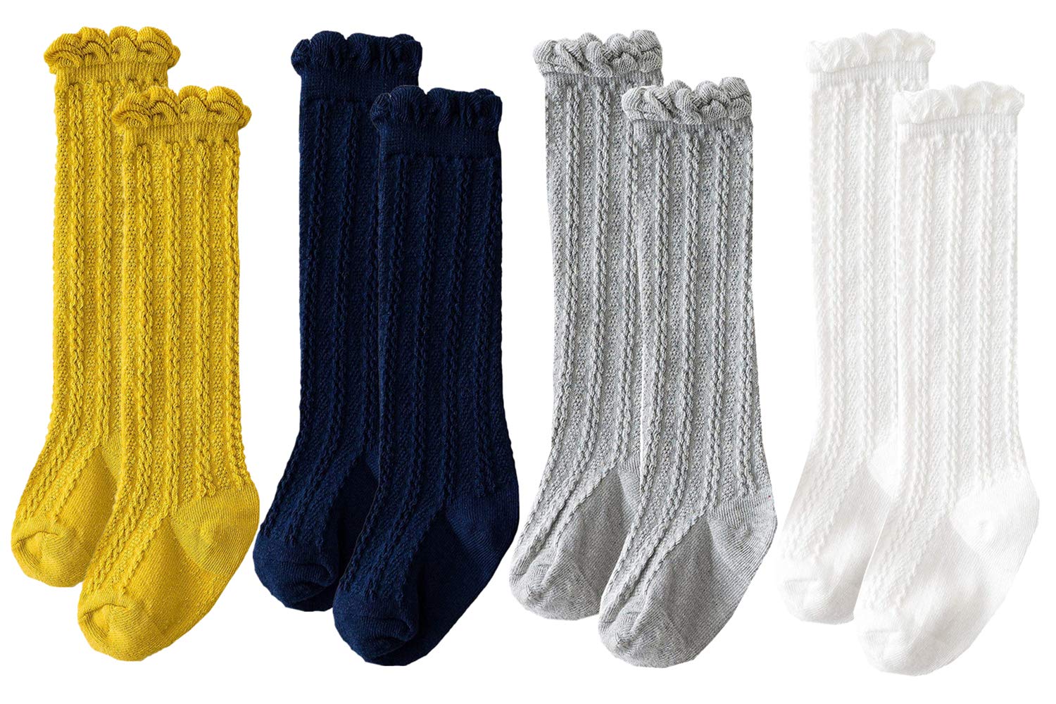 Toptim 4 Pairs Baby Toddlers Cable Knit Knee High Socks for Boy and Girls (Gray,White,Yellow,Navy Blue, 0-12 Months)