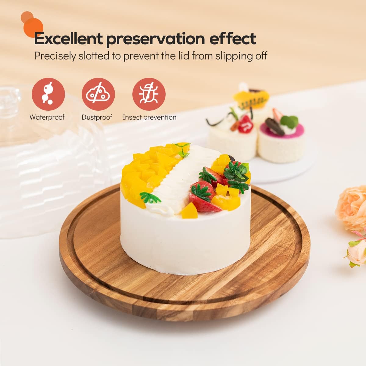 Cutesun Wood Cake Stand with Lid, 11.8'' Rotating Cake Stand with Dome, Shaterproof 10.4'' Acrylic Cake Display Cover, Cake Holder Tray for Wedding Gift,Kitchen,Birthday,Parties,Baking Gifts