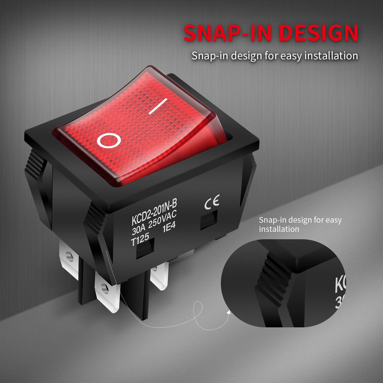 DaierTek 30A 250V KCD2 KCD4 Rocker Switch DPST 4 Pin Red Lighted 120V Rocker Toggle Switch ON Off Heavy Duty T125-3Pack