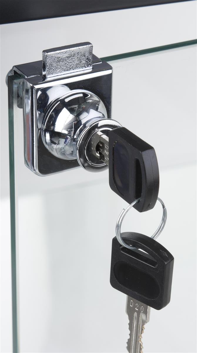 Displays2go Glass Showcase Towers, Tempered Glass Shelves, LED Lighting – Clear, Black (LESC5578BK)