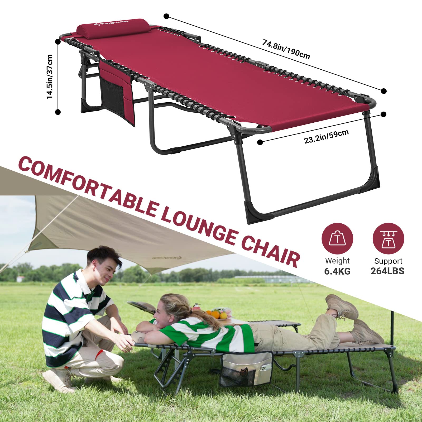 KingCamp Set of 2 Folding Outdoor Chaise Lounge Chair for Beach, Sunbathing, Patio, Pool, Lawn, Deck, Portable Lightweight Heavy-Duty Adjustable Camping Reclining Chair with Pillow