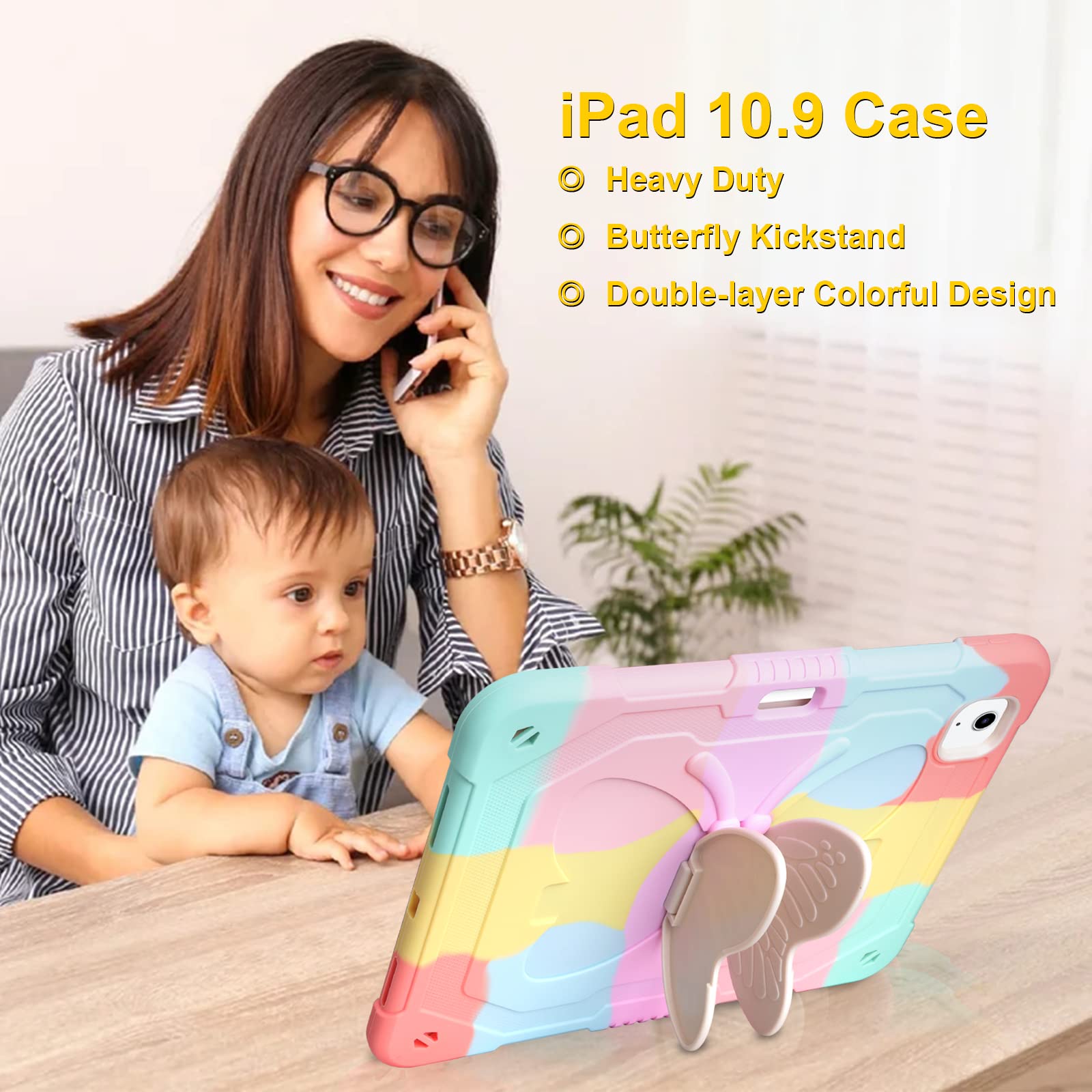 for iPad Air Case 5th/4th Gen 10.9 Butterfly Kickstand Pencil Holder, iPad Pro 11 Cases 3rd 2nd (2021/2020/2018) 2 in 1 Heavy Duty Rugged Cover Kids Girls for iPad Air 4th/5th(2022)/iPad Pro 11-Pink