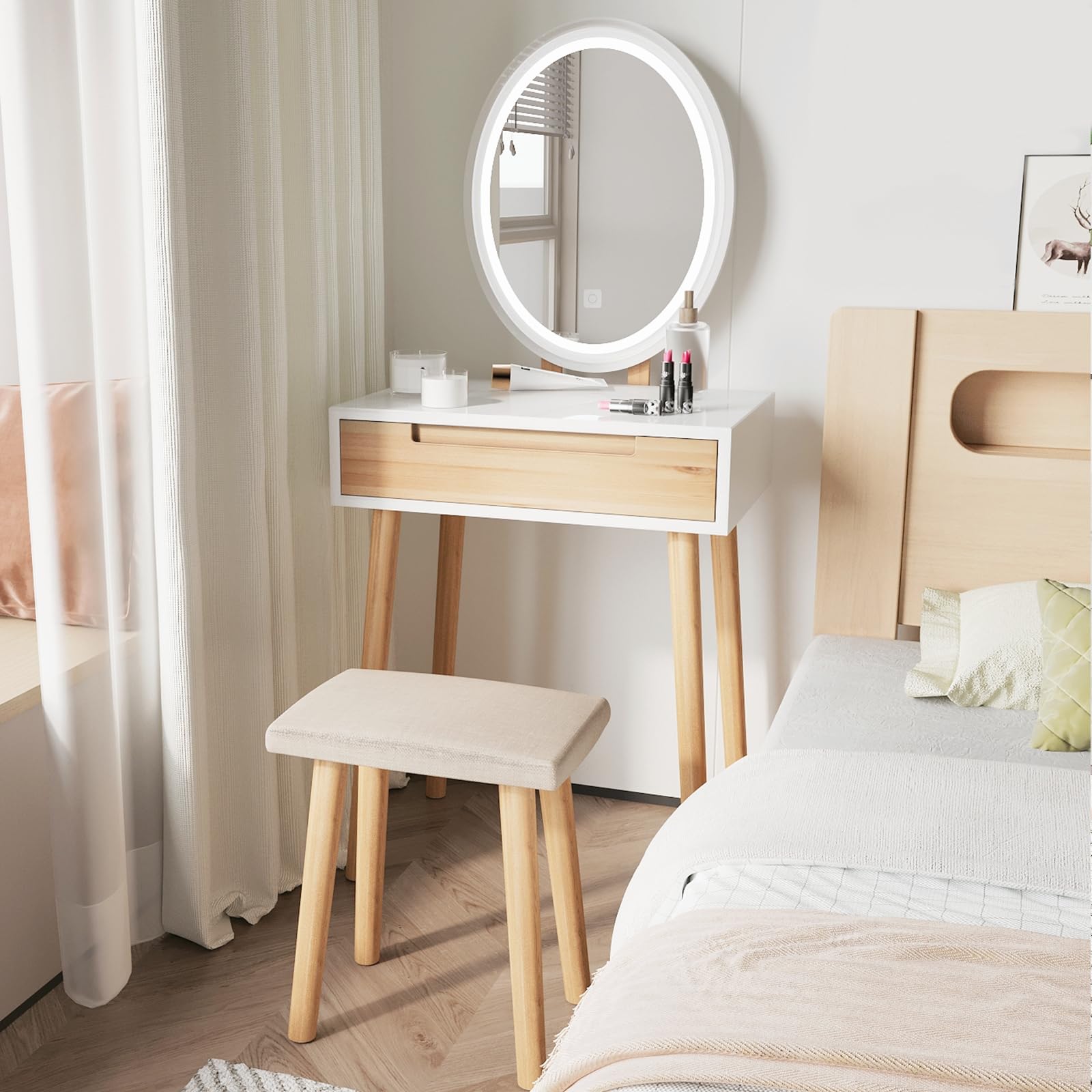 ARTETHYS Small Makeup Vanity Desk with 3 Adjustable Lighted Mirror and Chair, 24 Inch Makeup Vanity Table with Big Drawer Wooden Frame for Small Space