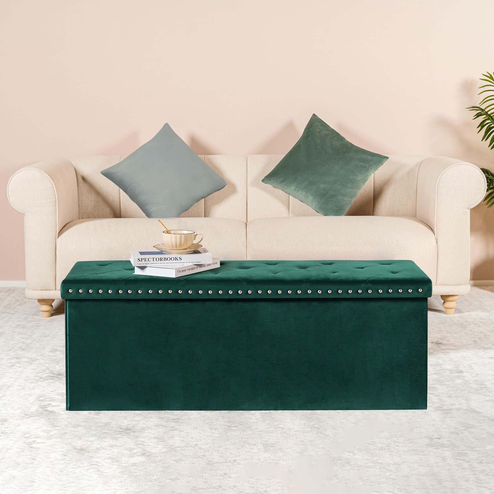 PINPLUS Storage Ottoman Bench for Bedroom, Green Ottoman Folding Velvet Toy Chest with Benches Foot Rest Stool, Large Long Foldable Chest for Entryway Living Room, 41.3"x15.7"x15.7"
