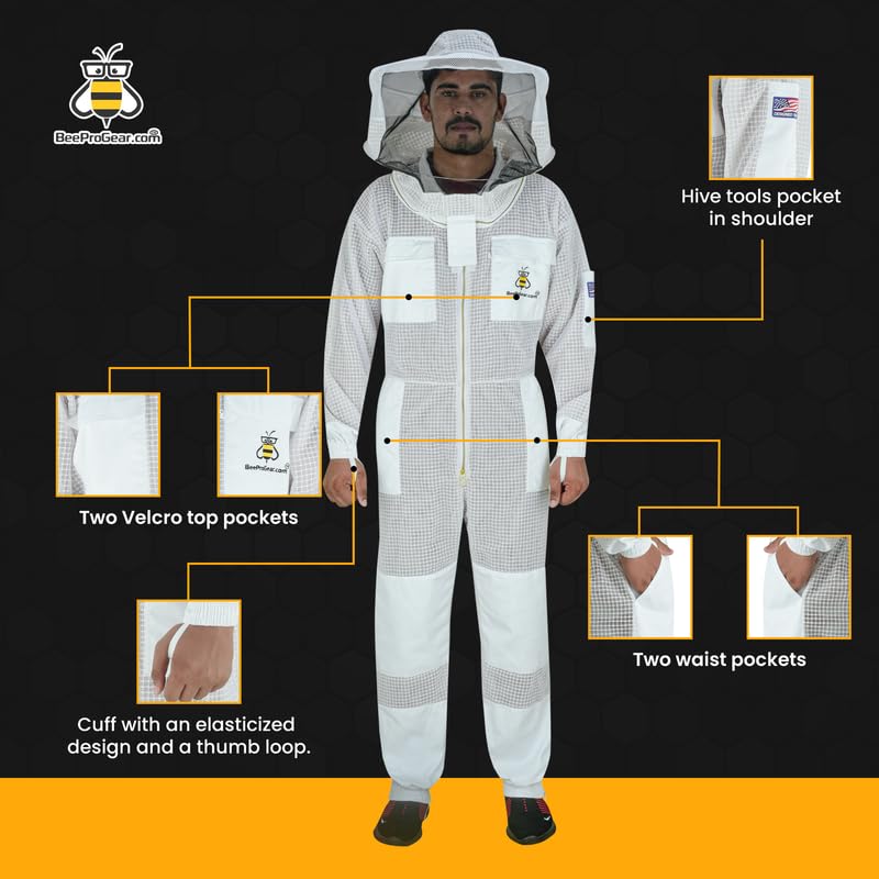 BeeProGear Ultra Ventilated Suit Round Veil White | Bee Keeping Suit with Round Veil Hat| Unisex Polycotton Beekeeper Suit | 3 Layer Protective Suit (Small)