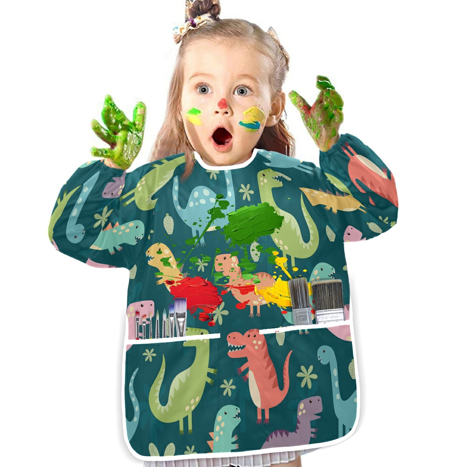Nander Cute Dinosaur Kids Art Smocks,Waterproof Artist Painting Aprons for For Dining, Playing, Painting for Age 2-6Years