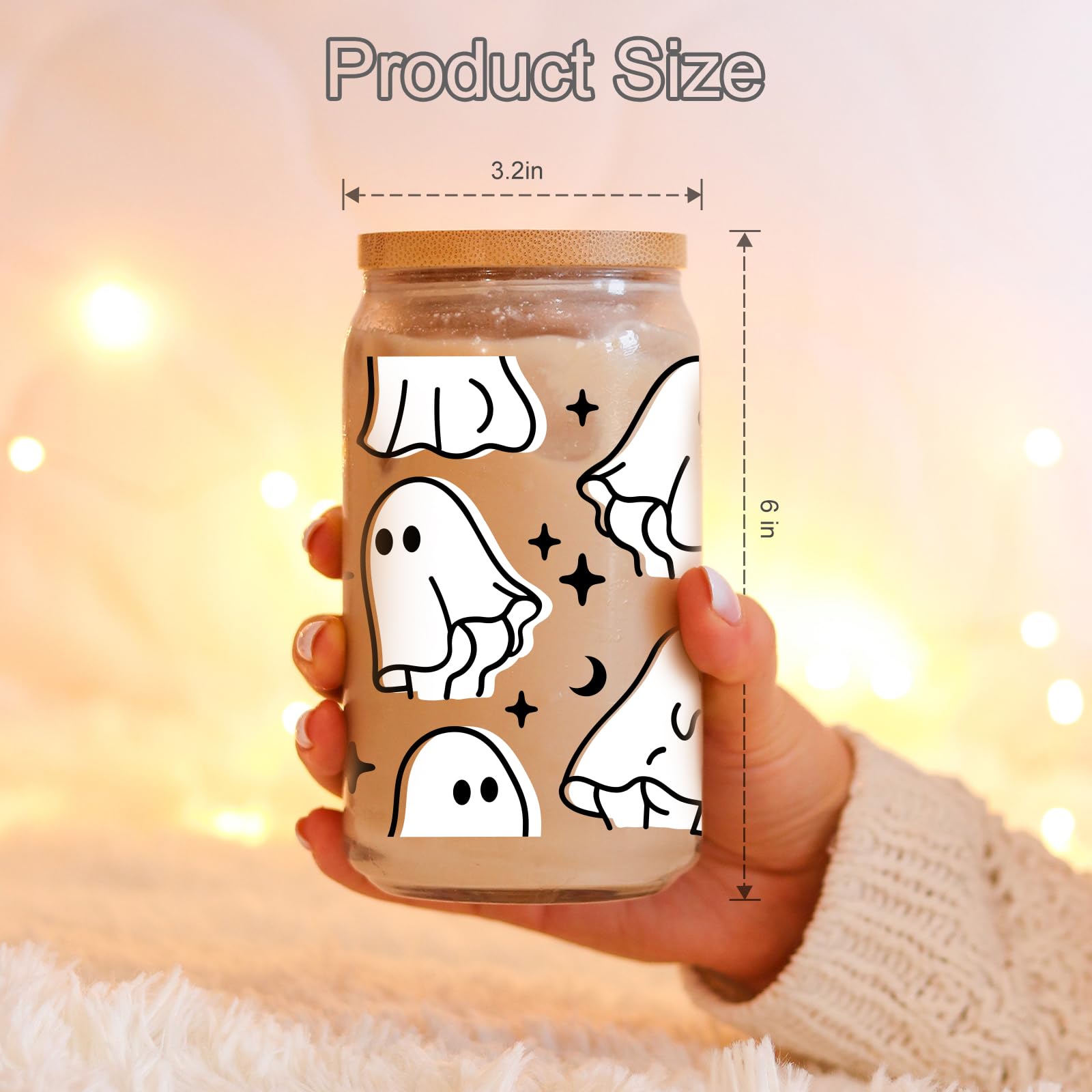 Coolife Funny Halloween Ghost Cup for Women, Cute Spooky Iced Coffee Cup, 16 oz Halloween Tumbler Glass Cups w/Lids Straws, Spooky Gifts for Her Teens, Boo Basket Stuffers, Halloween Gifts for Women