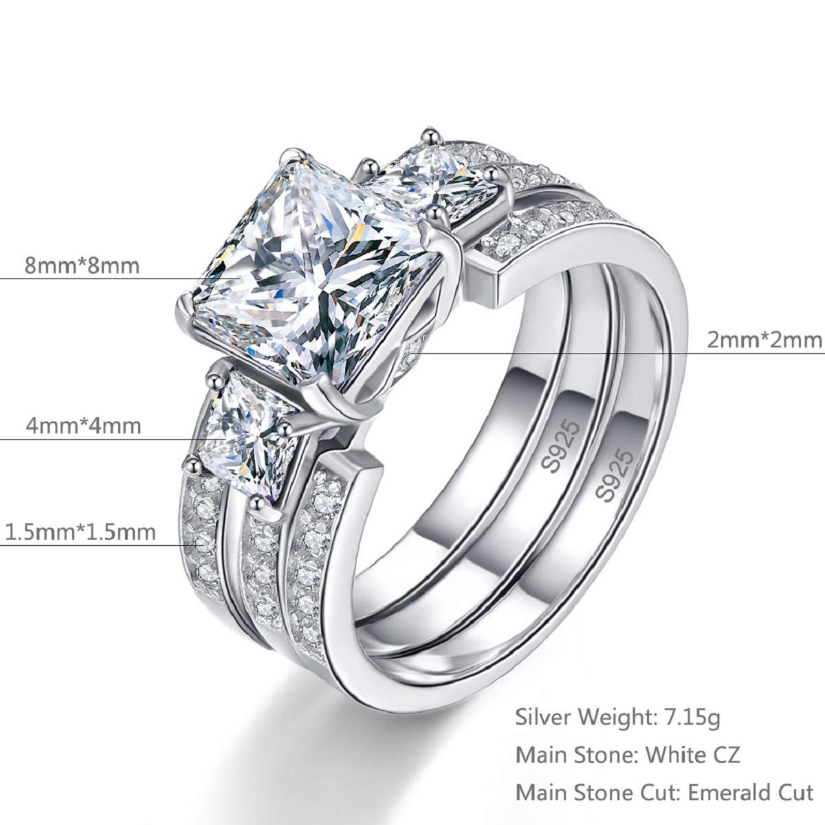 BONLAVIE 3Ct Princess Cut Wedding Ring Sets for Women 925 Sterling Silver White Cubic Zirconia Bridal Ring Sets Wedding rings Stackable Ring Size 7