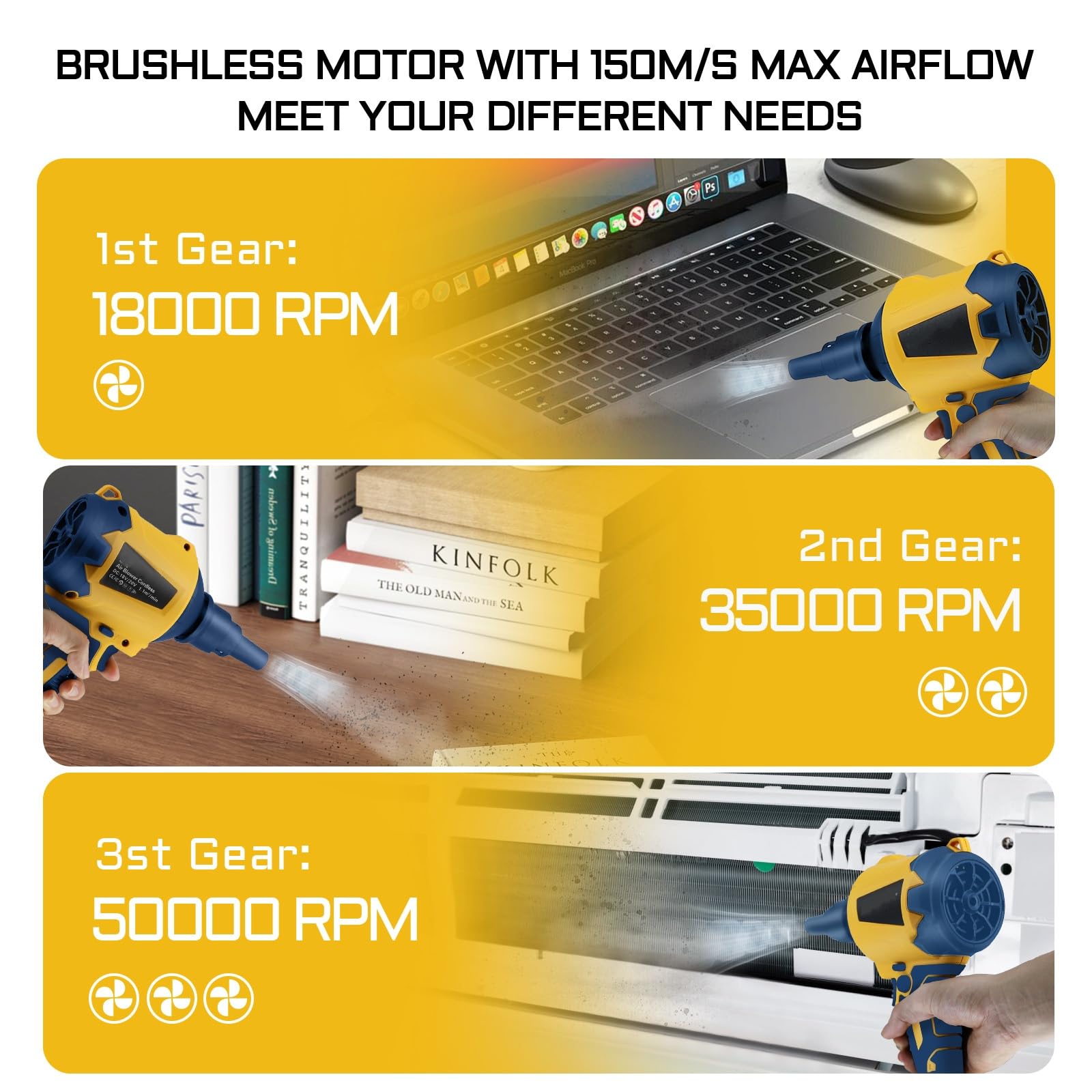 Cordless Air Pump Air Duster Compatible with Dewalt 20V Battery(Tool Only), Handheld Brushless Compressed Air Mattress Pump Air Blower w/ 3 Speeds & 7 Nozzles & 336MPH for Home Cleaning, Outdoor