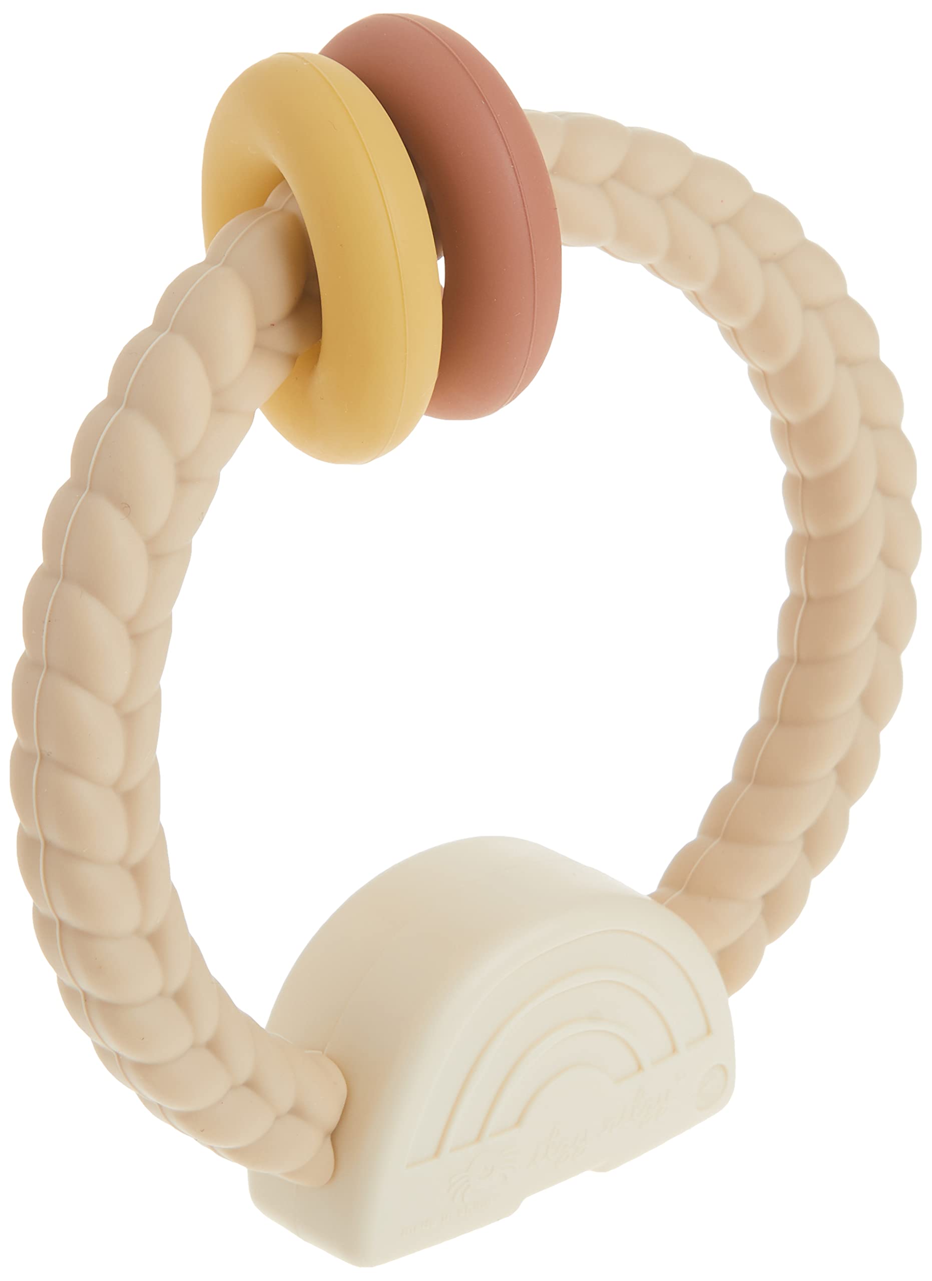 Itzy Ritzy Silicone Teether with Rattle; Rattle Teether Features Rattle Sound, Two Silicone Teething Rings and Raised Texture to Soothe Gums; Ages 3 Months and Up (Neutral Rainbow)