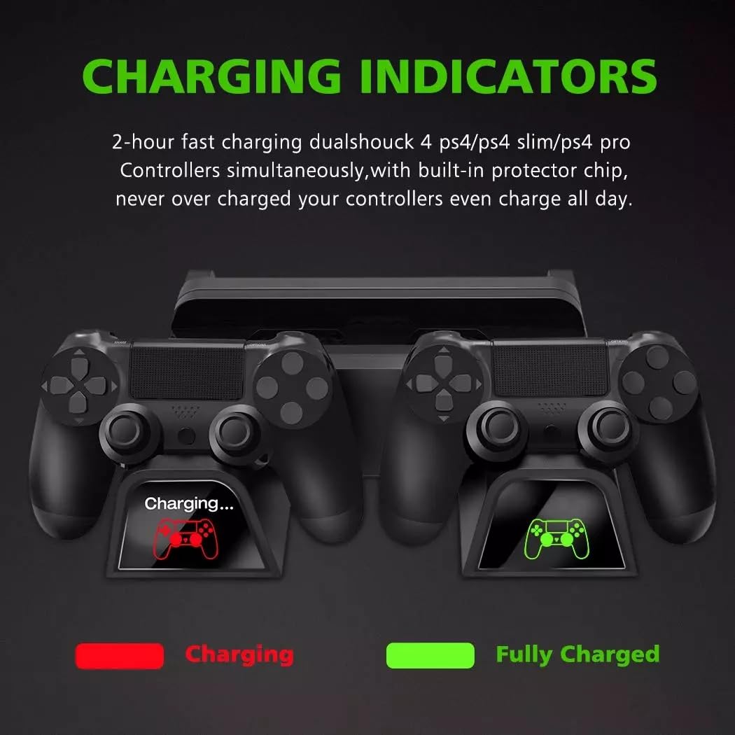 navor Multifunctional Cooling Stand Compatible with PS4/ PS4 Slim/ PS4 Pro, Vertical Cooler Fan and Controller Charging Station with LED Indicators, Dock Stand with 12 Pieces Games Storage